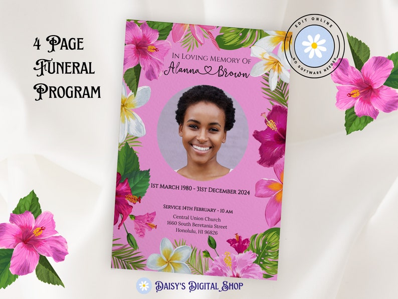 Tropical Hawaiian Flowers Funeral Program Template, Celebration of Life ...
