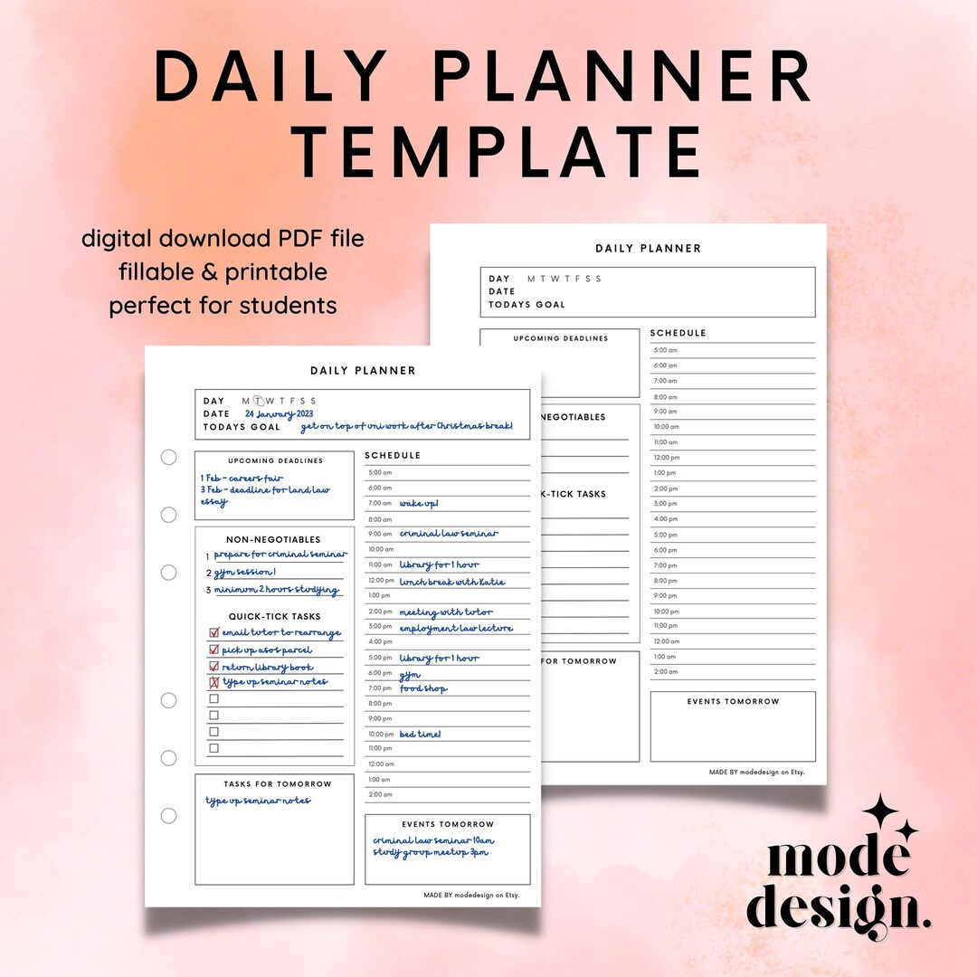 Undated Daily Planner Template Fillable and Printable Organised ...