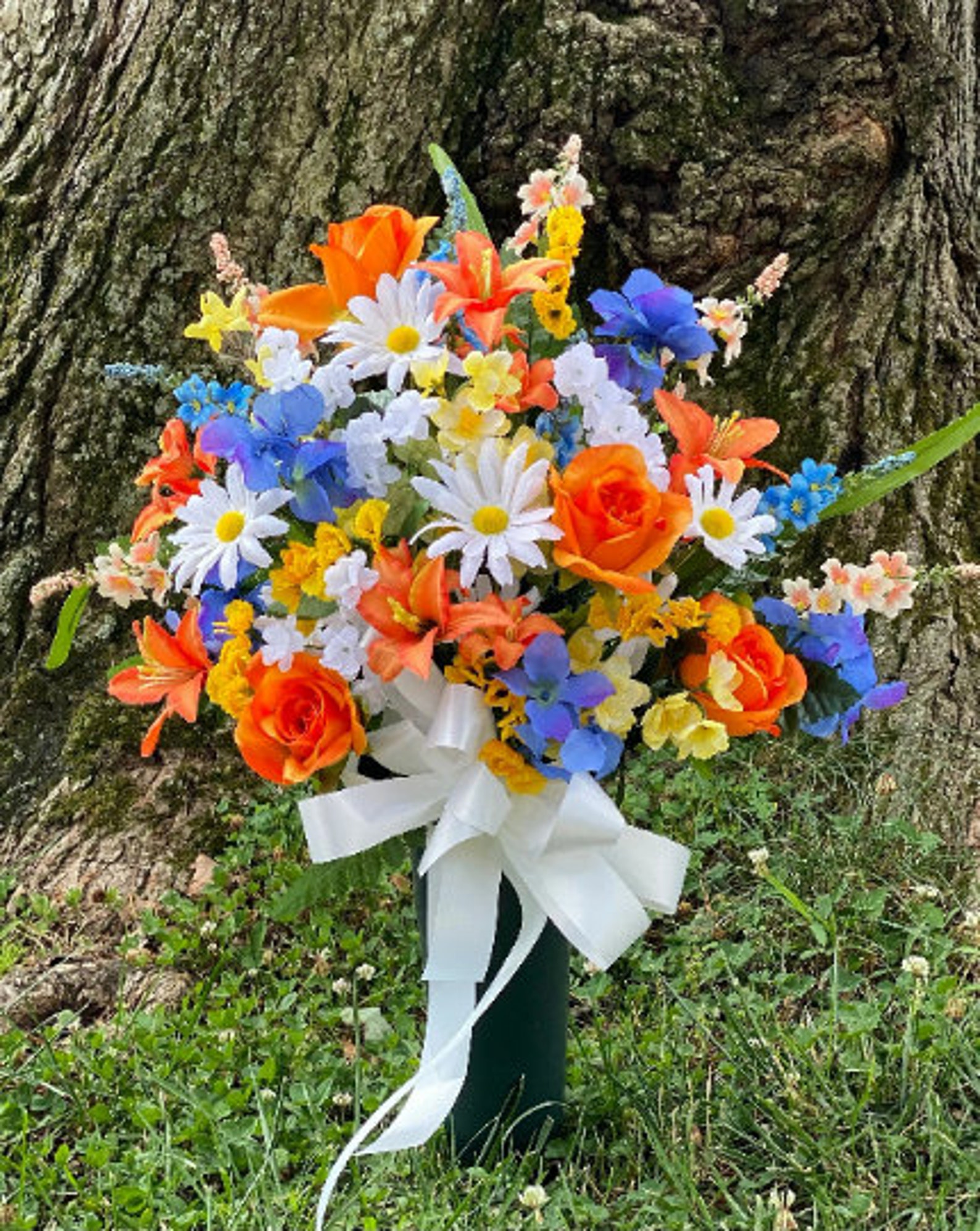 Cemetery, Orange and Blue, Artificial Flowers, Grave Marker, Headstone ...