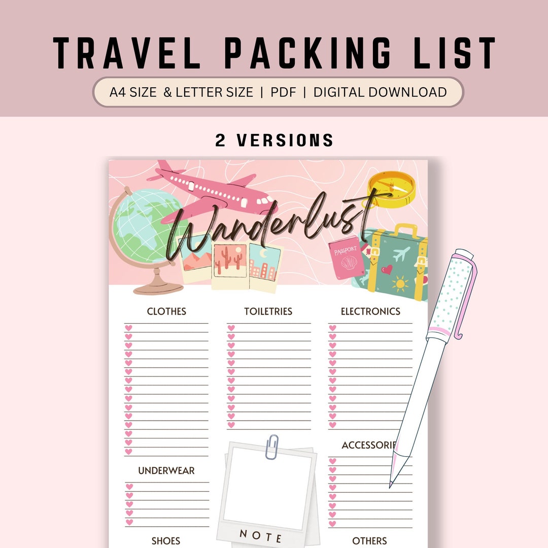 Wanderlust Travel Packing List, Organization, Stationary, Personal ...