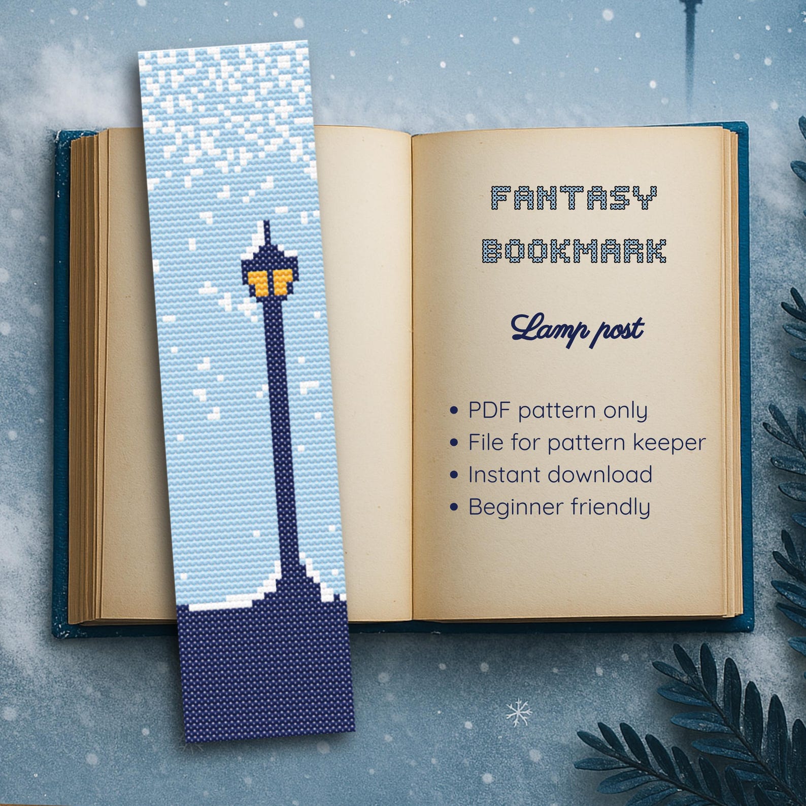 Lamp Post Cross Stitch Bookmark Pattern | Snowy Winter Light in Blue ...