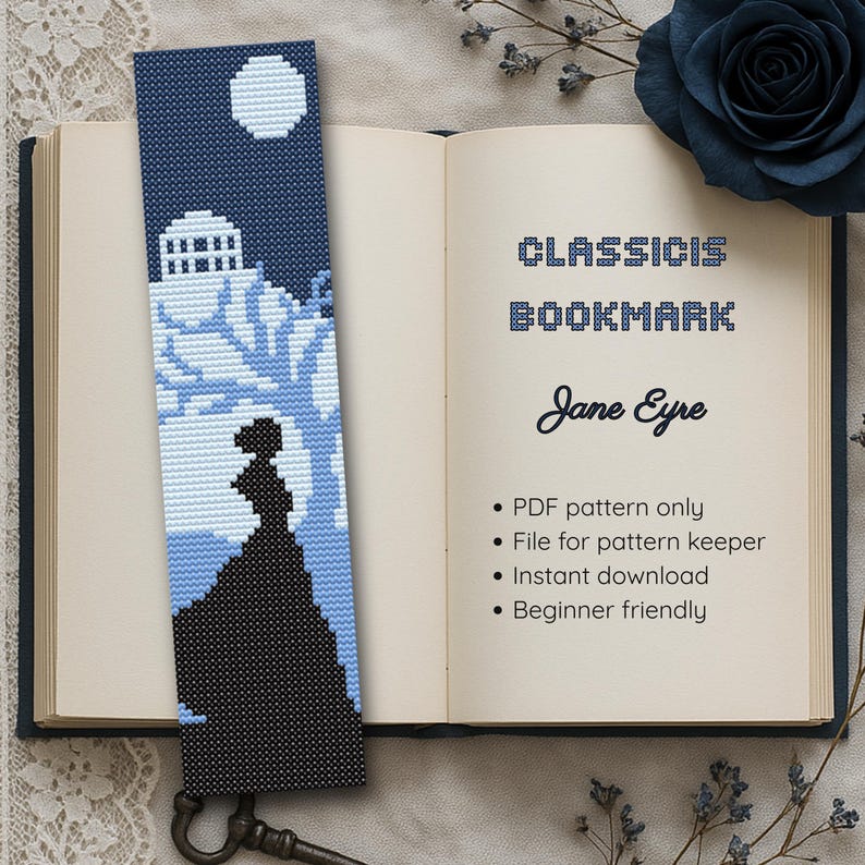 Jane Eyre Cross Stitch Bookmark Pattern | Dark Blue Gothic Floral - Etsy