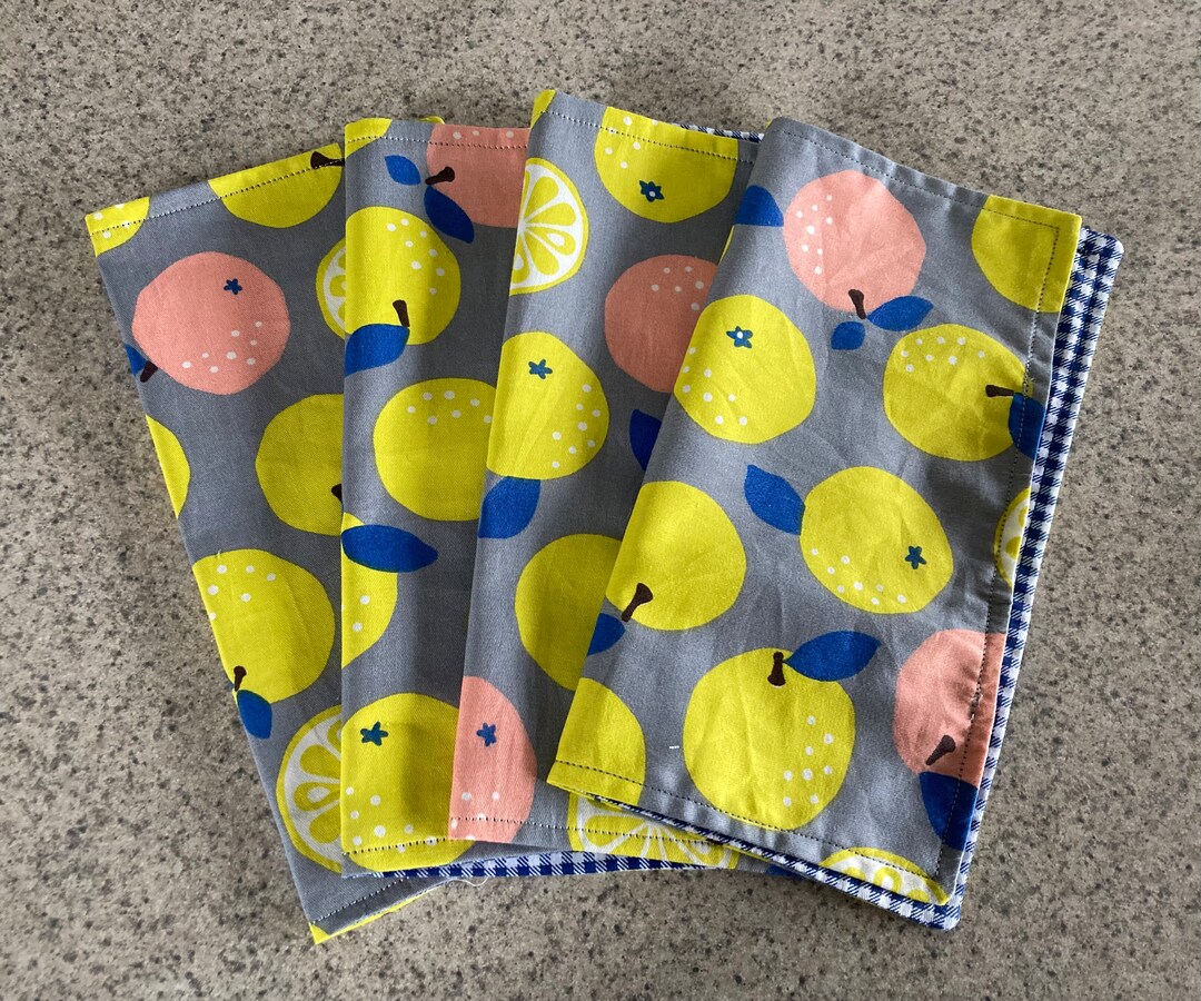 Set of Four Yellow and Peach Fruit Napkins With Blue Gingham - Etsy