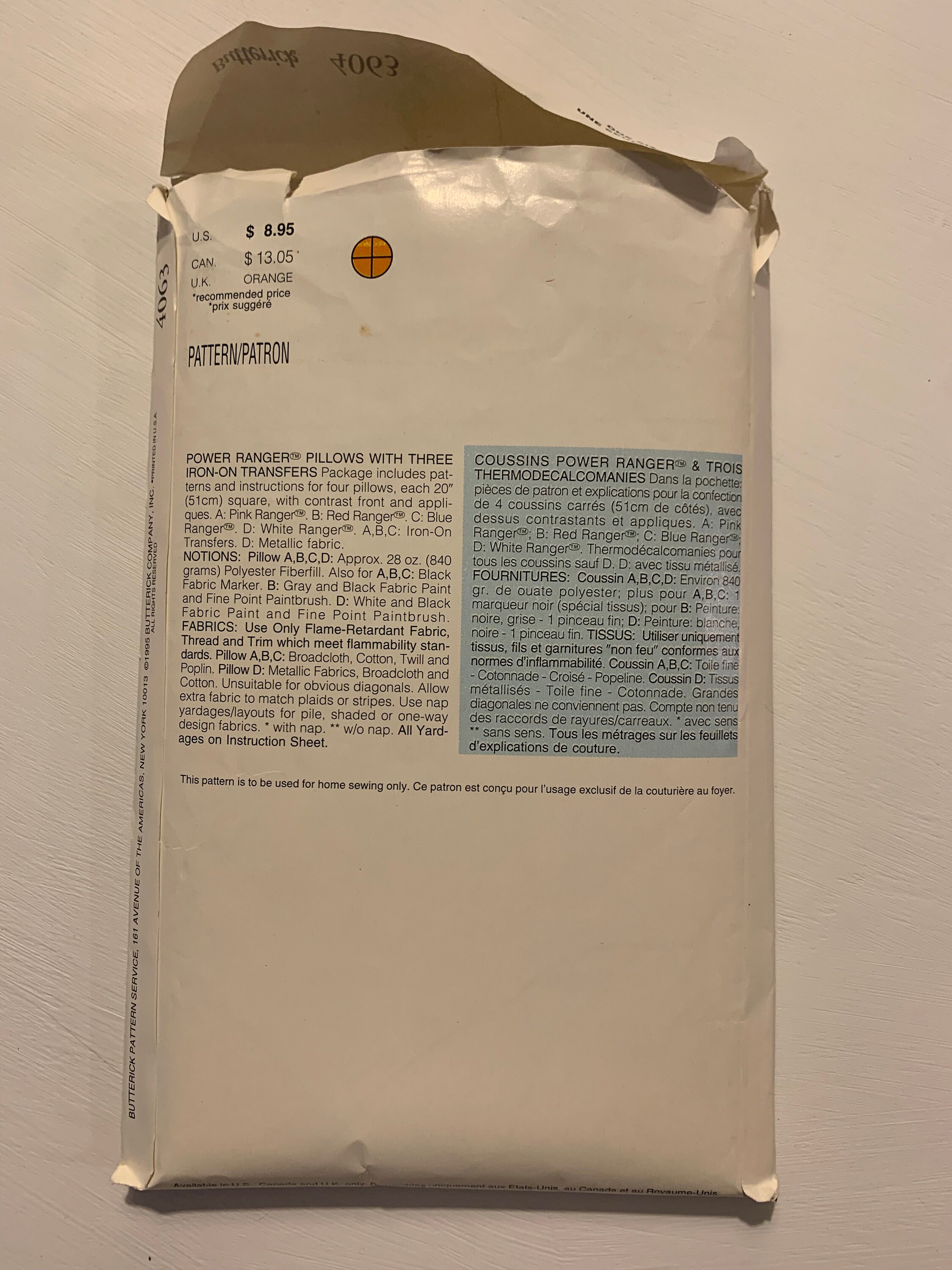 Vintage 90s Mighty Morphin Power Rangers Sewing Pattern Pillow Pattern ...