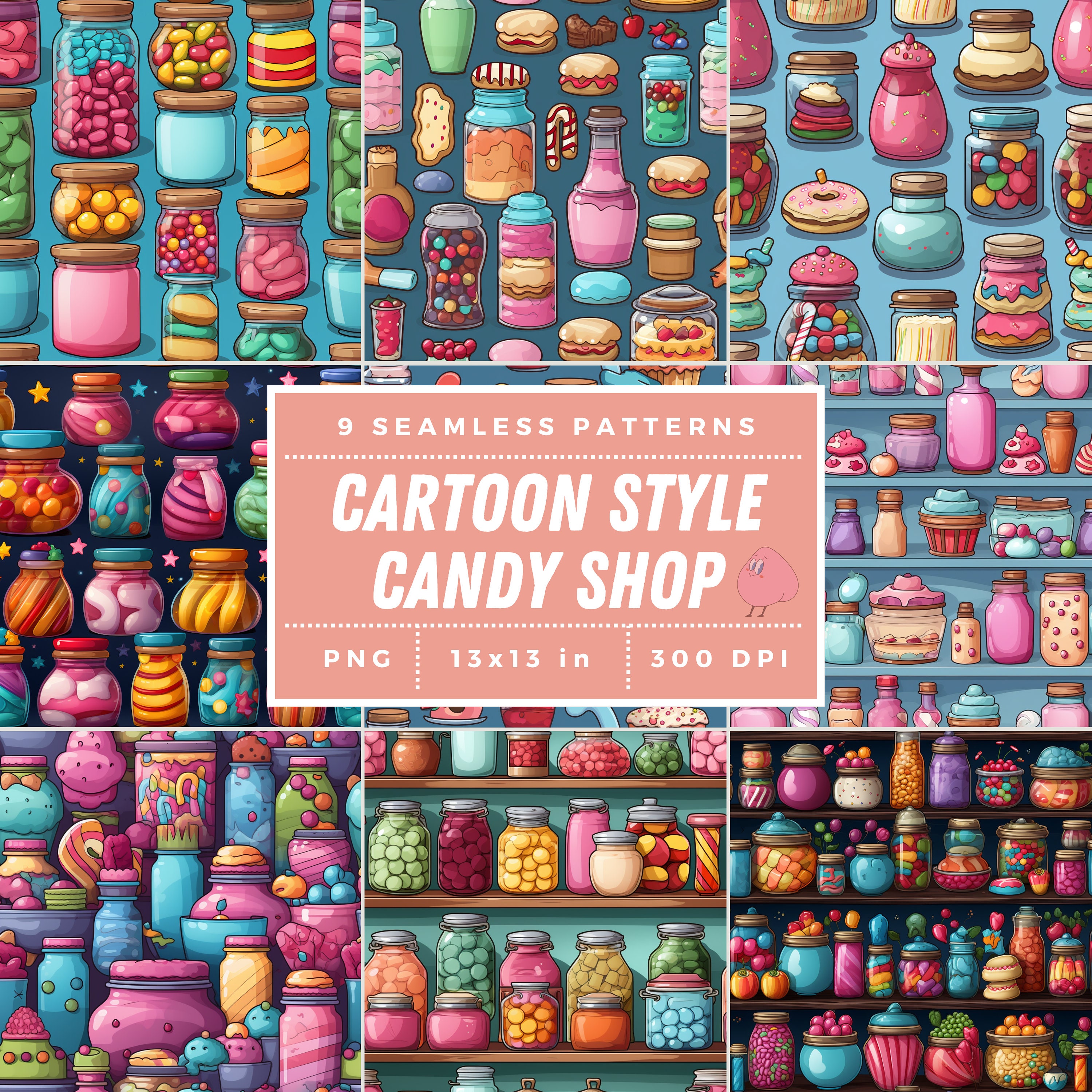 Cartoon Style Candy Shop Digital Pattern Bundle 9 Seamless Patterns ...