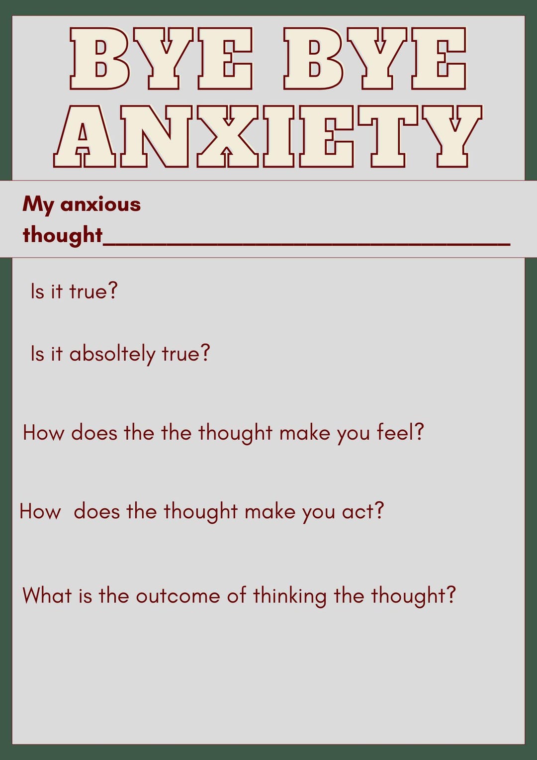 Bye Bye Anxiety / Hello Peace - Printable CBT Worksheets for Anxiety ...