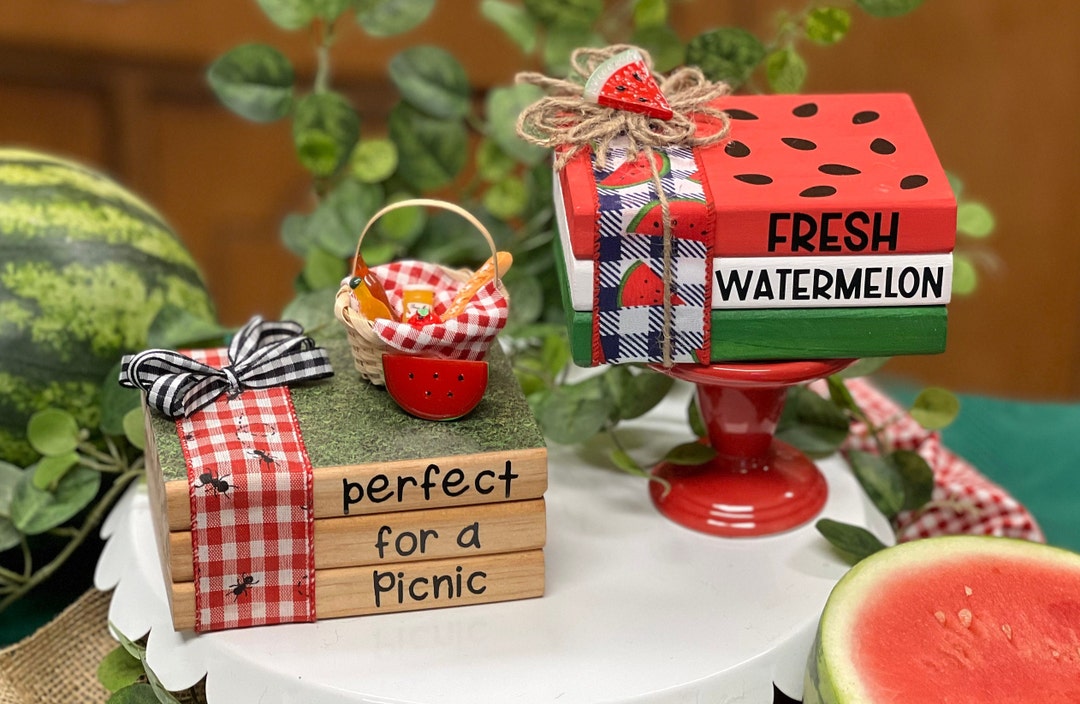 Summer Tier Tray, Watermelon Decor, Mini Book Stacks, Faux Watermelon ...