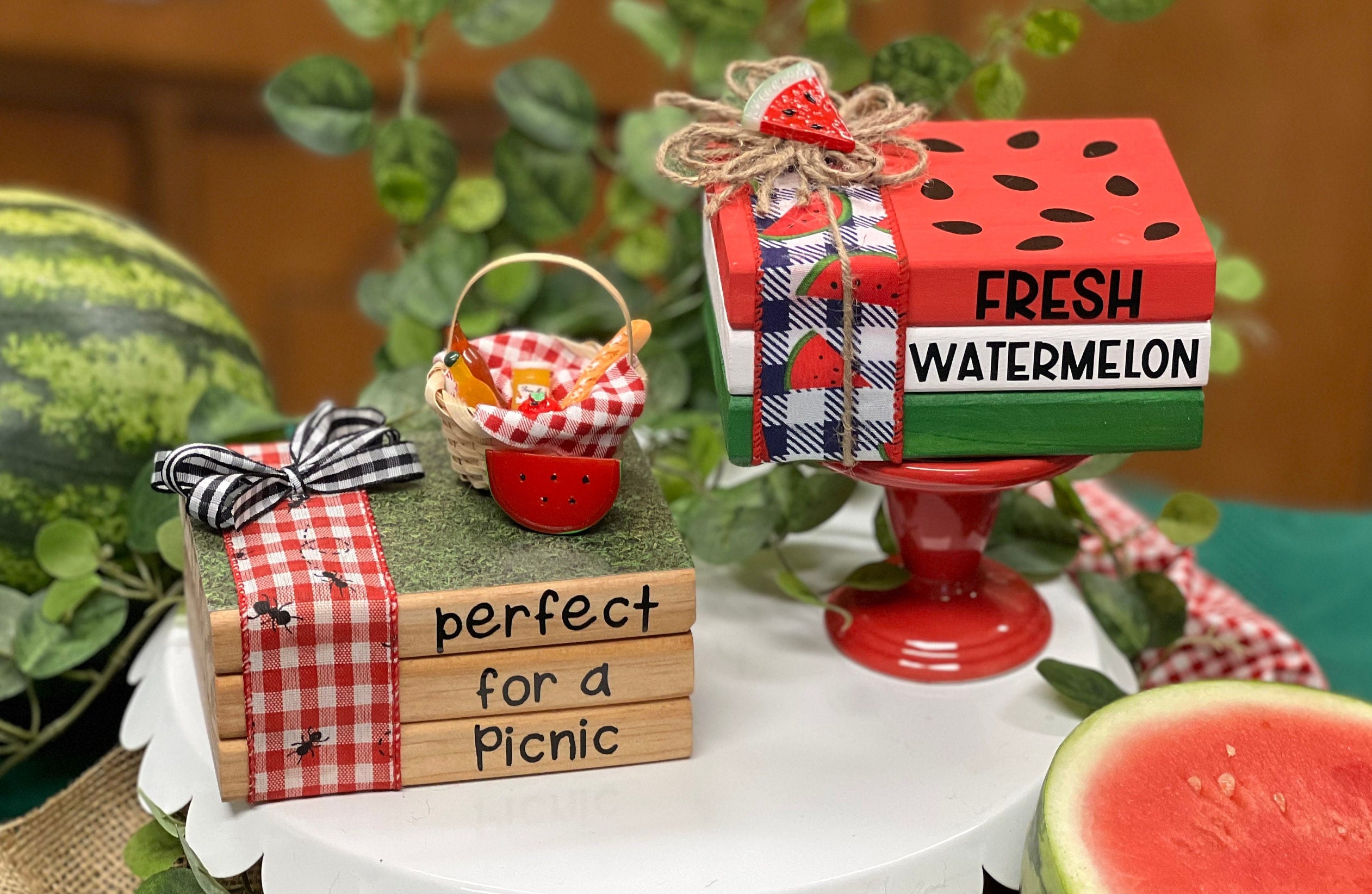 Summer Tier Tray Watermelon Decor Mini Book Stacks Faux - Etsy