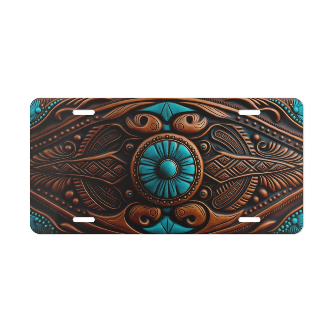 Aztec Turquoise Tooled Leather License Plate: Western Cowgirl Vanity ...