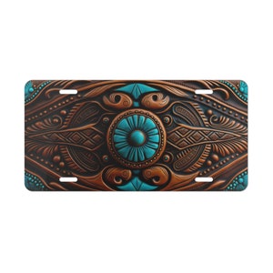 Aztec Turquoise Tooled Leather License Plate: Western Cowgirl Vanity ...