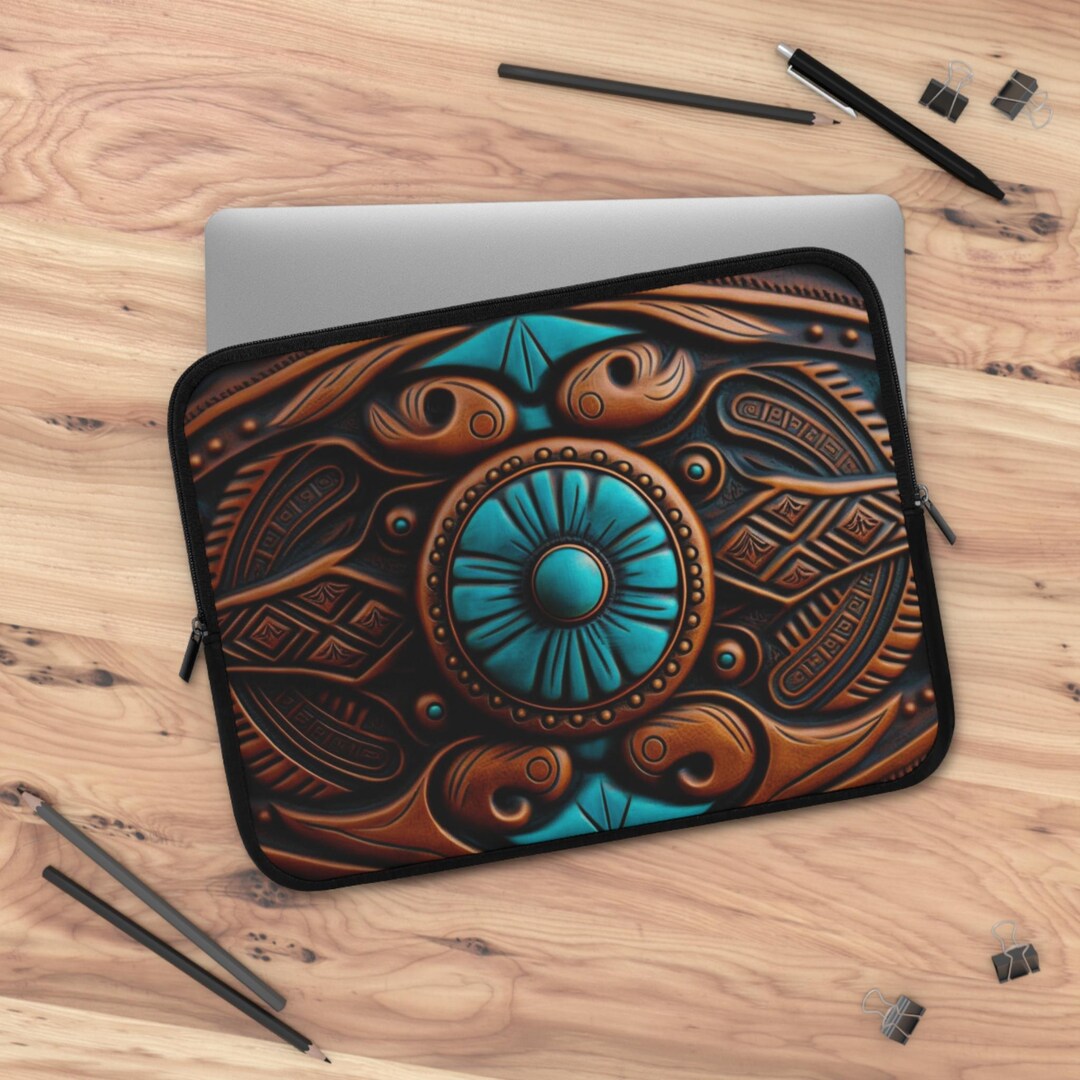 Navajo Aztec Turquoise Tooled Leather Laptop Case, Boho Turquoise ...