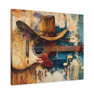 Western Guitar Art Print: Cowboy Hat Canvas Wall Decor - Etsy