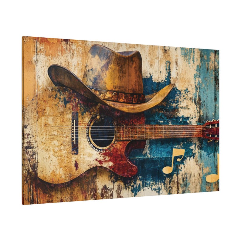 Western Guitar Art Print: Cowboy Hat Canvas Wall Decor - Etsy
