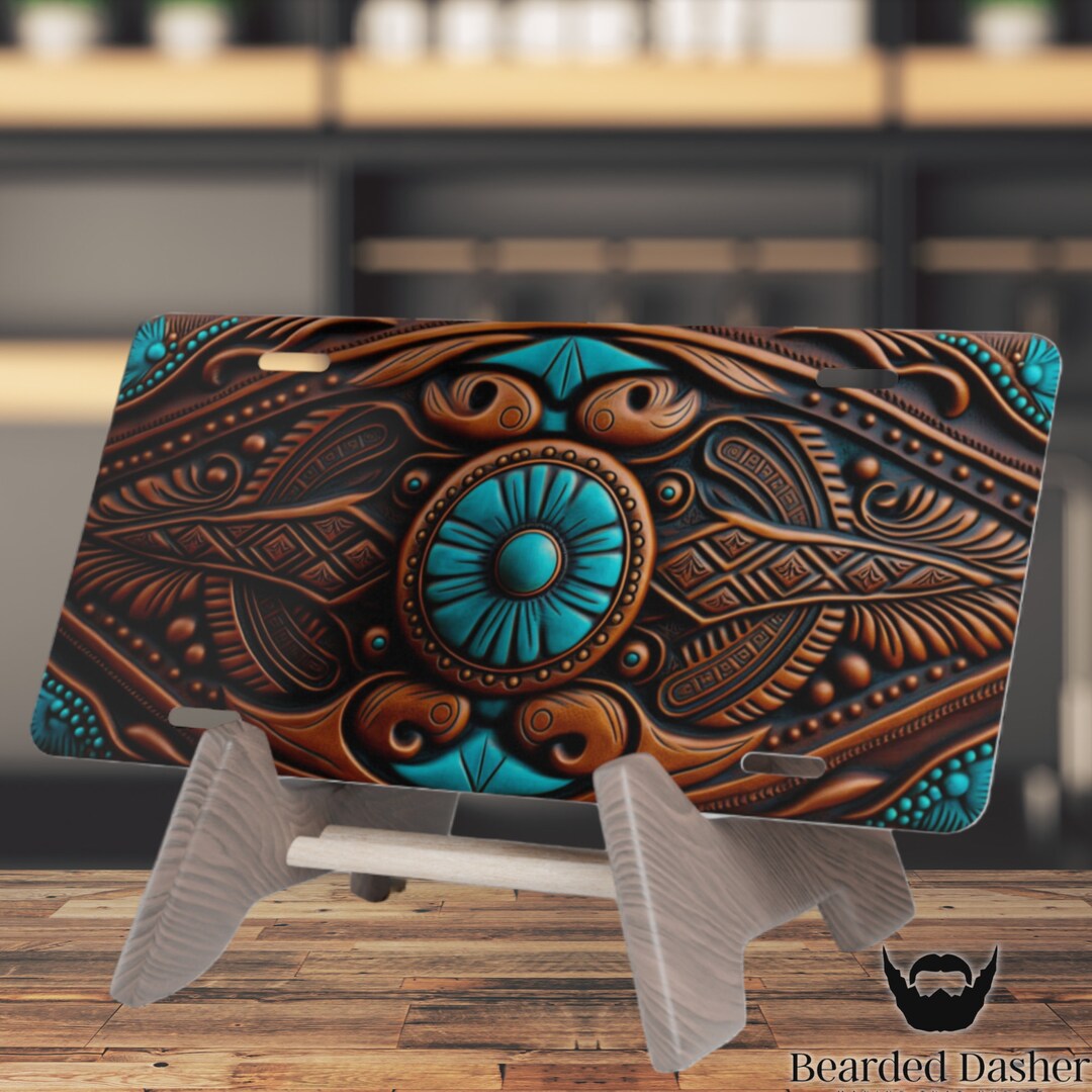 Aztec Turquoise Tooled Leather License Plate: Western Cowgirl Vanity ...