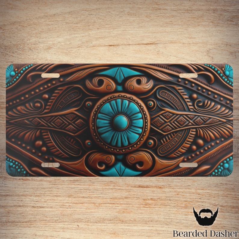 Aztec Turquoise Tooled Leather License Plate: Western Cowgirl Vanity ...