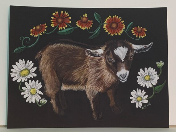 Baby Goat With Red and White Flowers Print - Etsy