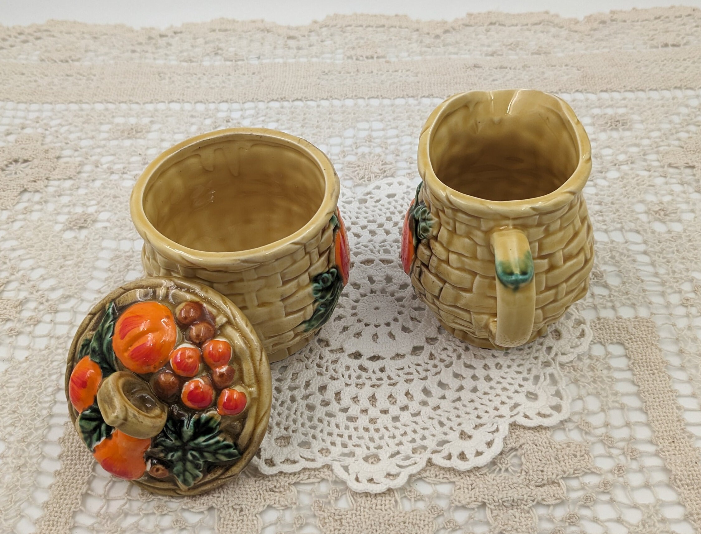 Vintage Lefton Japan Fiesta Basket Weave With Fruit Ceramic Cream and ...