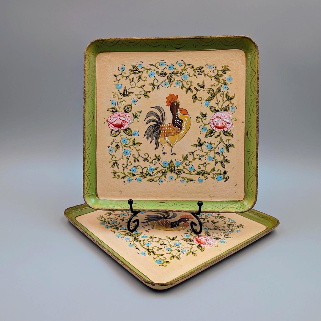 Vintage Rooster Floral Trays: Hand-painted Papier-mâché Country Decor ...