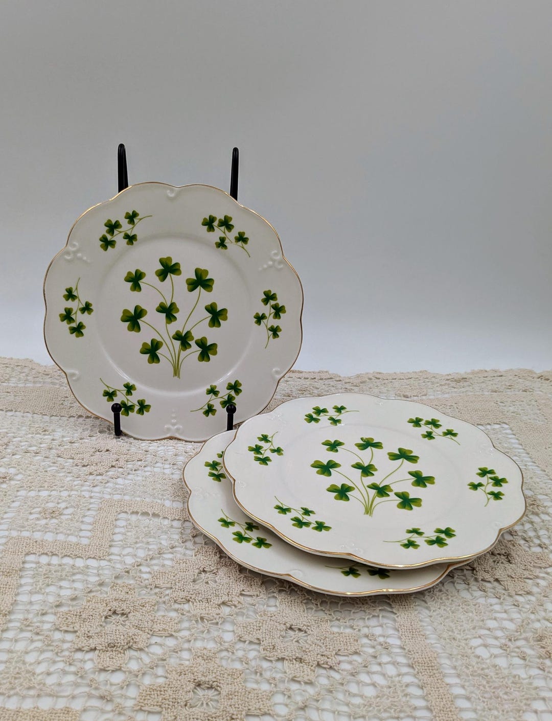 Set of Three Vintage 8" Porcelain Shamrock Plates - Gold Trim ...