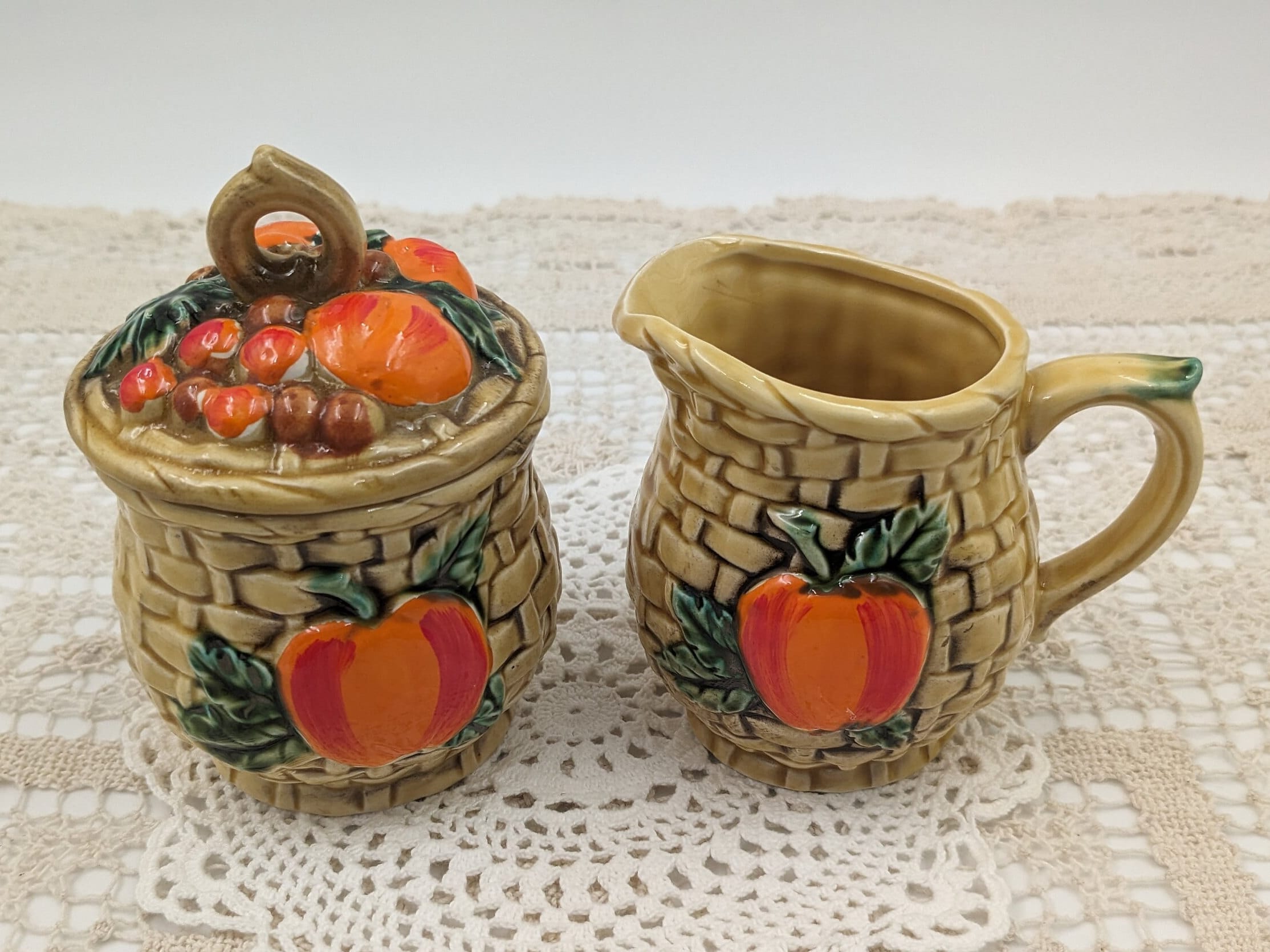 Vintage Lefton Japan Fiesta Basket Weave With Fruit Ceramic Cream and ...