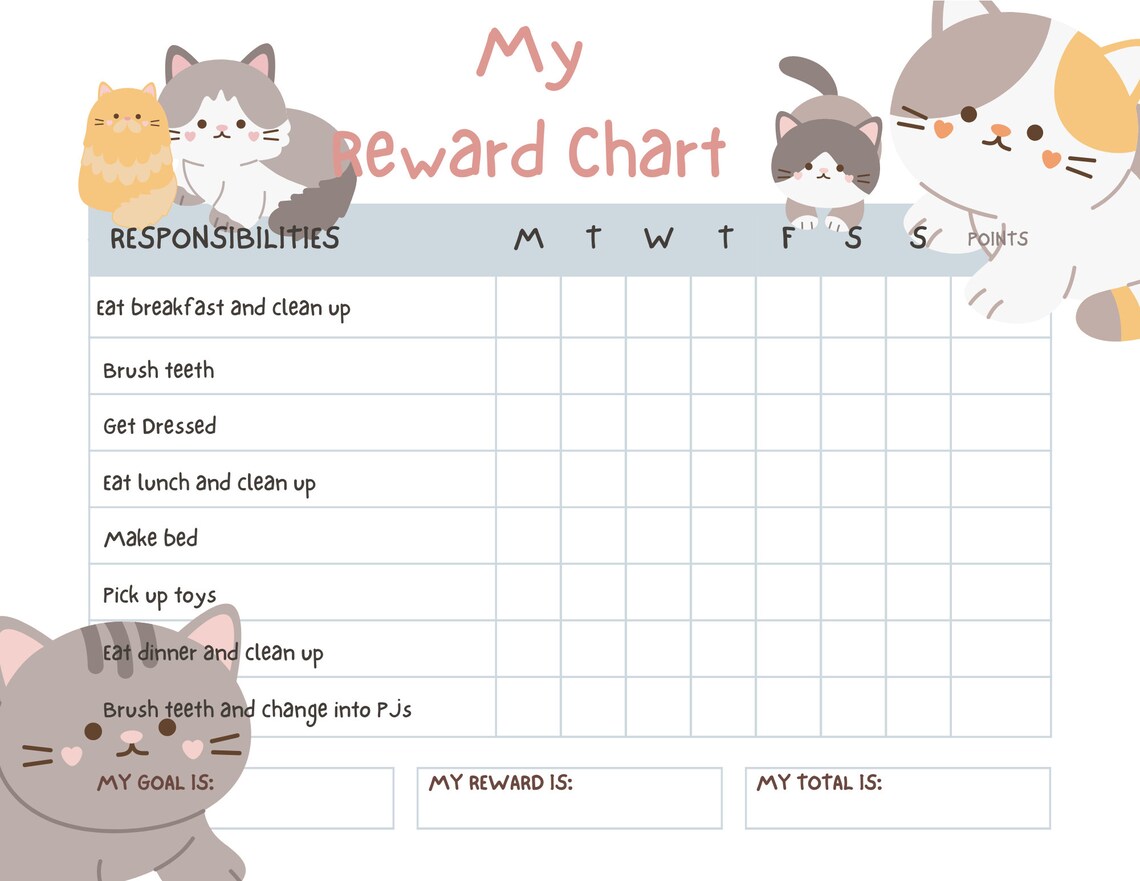 Kids Cat Reward Chart, Kids Cat Chore Chart, Cats, Kittens, Chore Chart ...