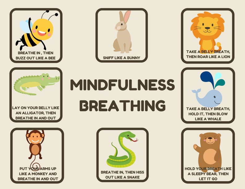 Mindfulness Breathing Chart for Kids, Coping Skills Chart, Animal ...