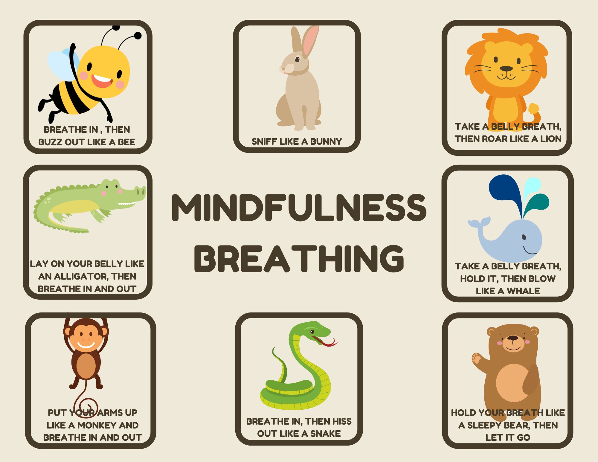 Mindfulness Breathing Chart for Kids, Coping Skills Chart, Animal ...