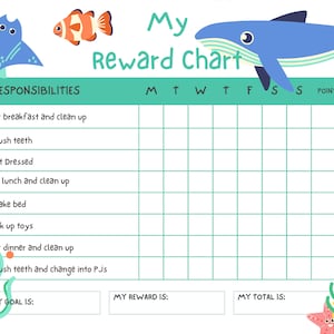 Kids Ocean Reward Chart, Kids Ocean Chore Chart, Ocean, Whale, Fish ...