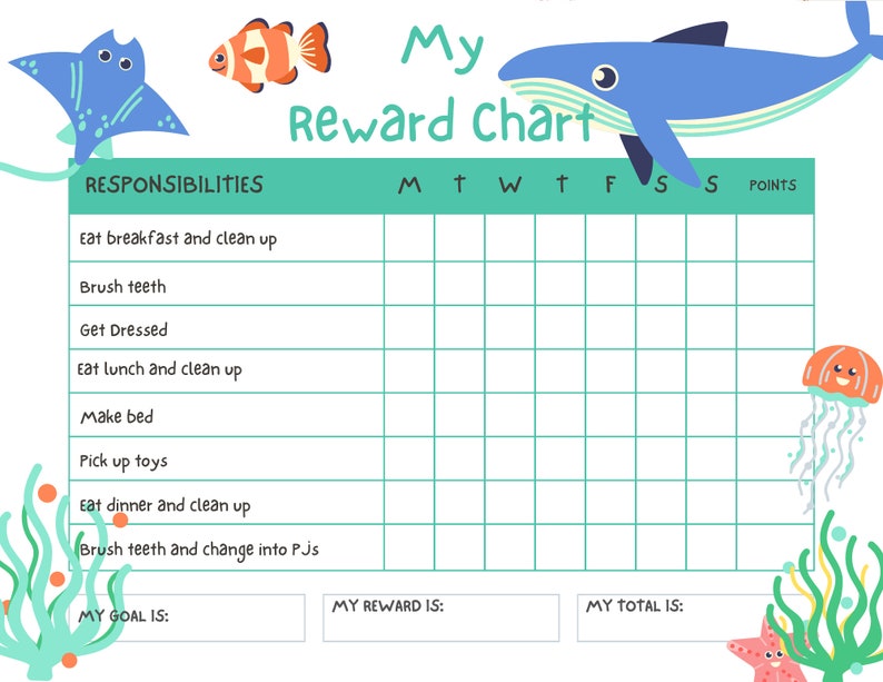 Kids Ocean Reward Chart, Kids Ocean Chore Chart, Ocean, Whale, Fish ...