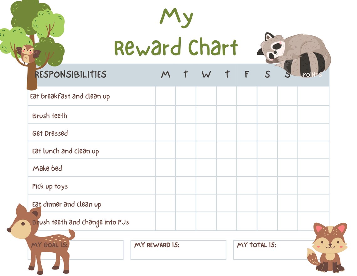 Kids Woodland Animals Reward Chart, Kids Woodland Animals Chore Chart ...