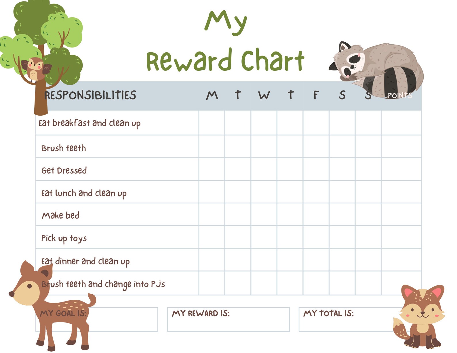 Kids Woodland Animals Reward Chart, Kids Woodland Animals Chore Chart ...
