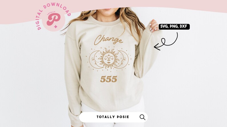 Angel Numbers SVG 555, Change, Boho Moon, Celestial, Bohemian Sun ...