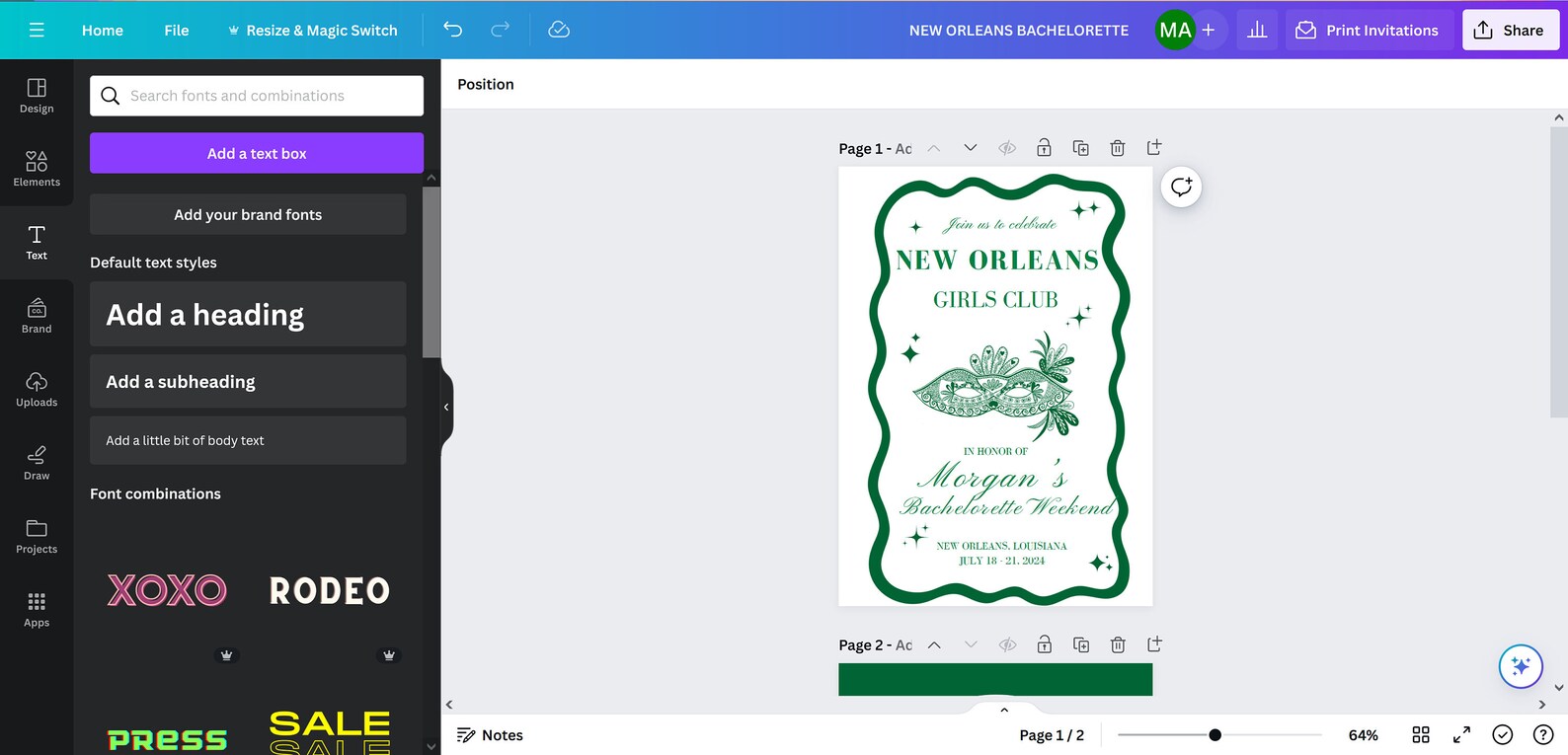 New Orleans Bachelorette Invitation and Itinerary, New Orleans Birthday ...