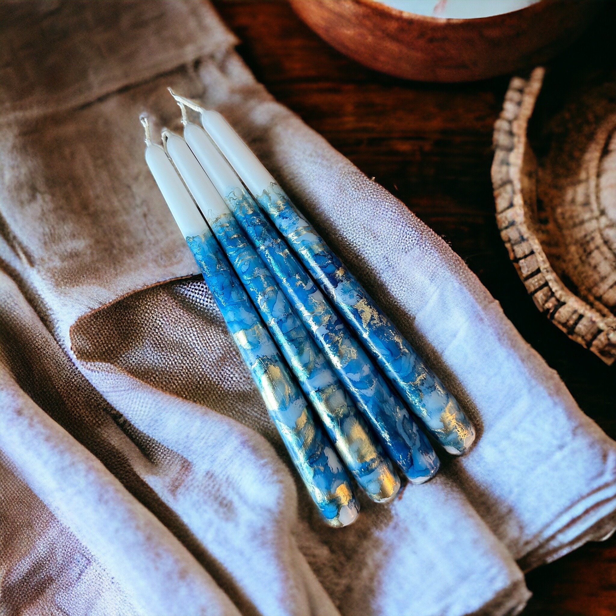 Taper Candles / Blue & Gold / Hand Painted With Alcohol Inks / Neutral ...