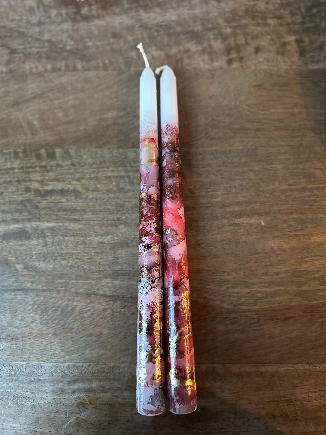 2 Taper Candles / Red & Gold / Hand Painted With Alcohol Inks - Etsy
