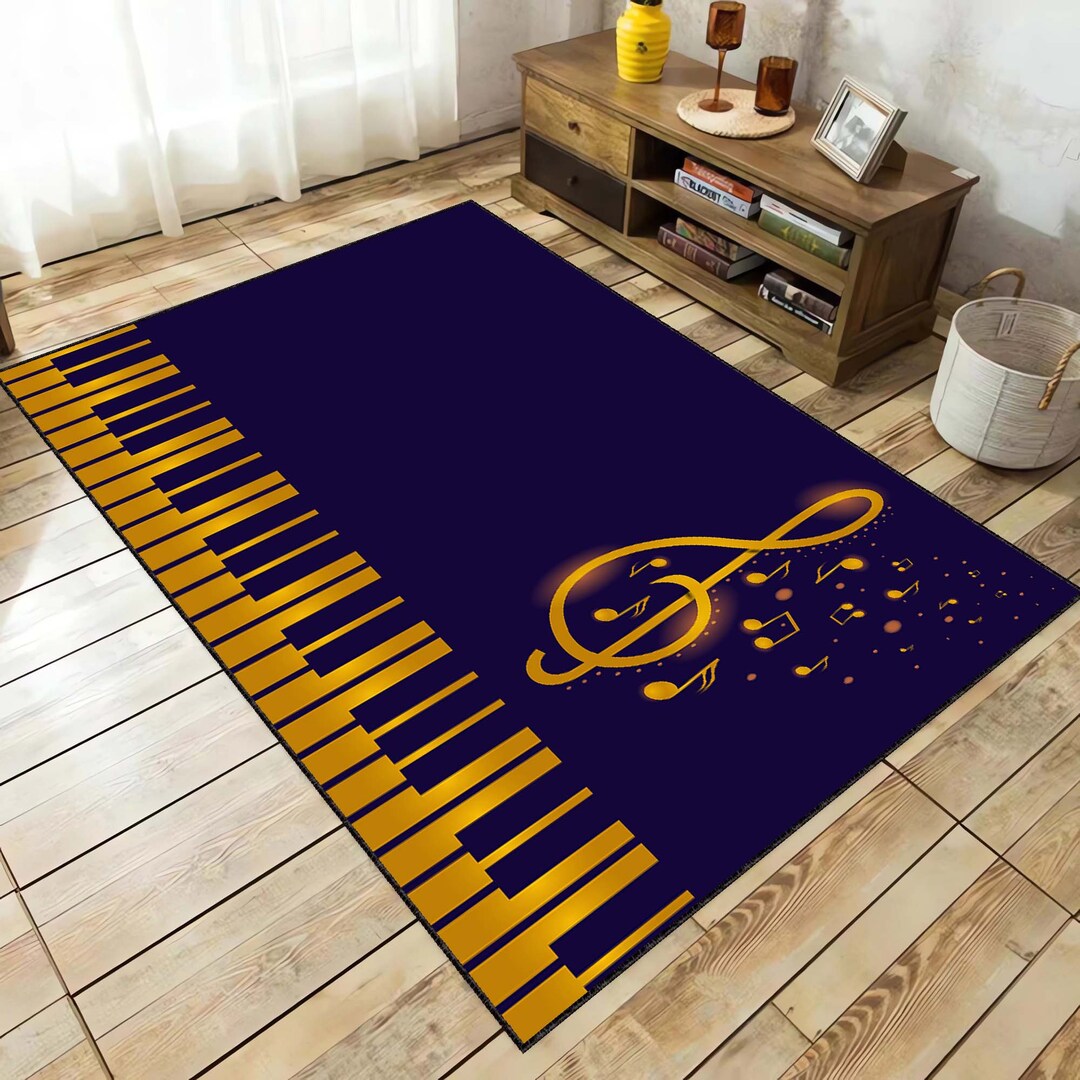 Dark Blue Rug, Musical Note Piano Treble Clef Printed Rug, Rectangle ...