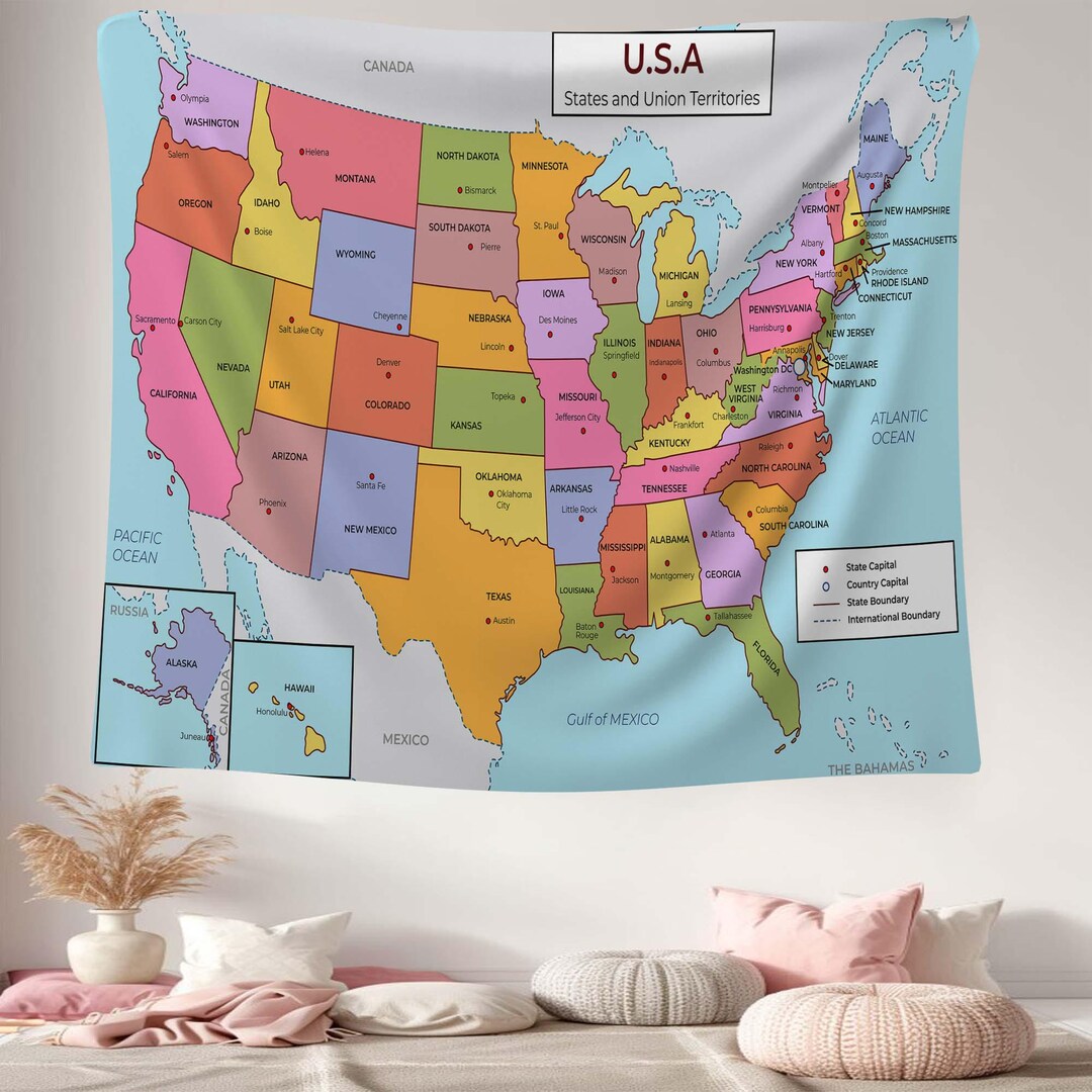 Colorful USA Map Art, Educational Tapestry, States and Capitals, Wall ...