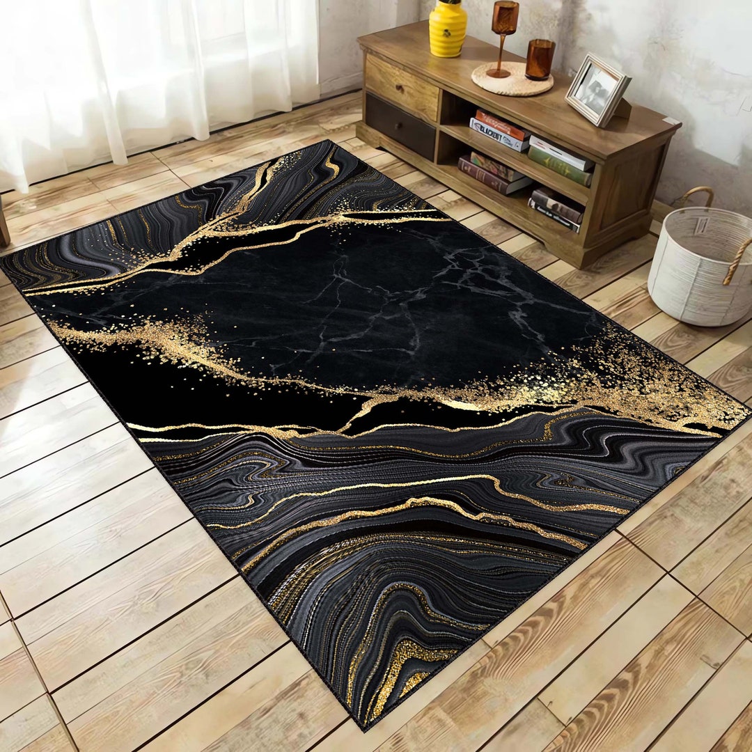 Marble Black Rug, Living Room Rug, Black and Gold Marble Rug, Pattern ...
