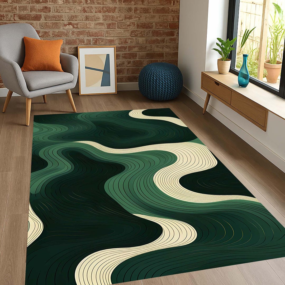 Abstract Green Area Rug: Modern Wavy Line Carpet, Non-slip Cotton Base ...