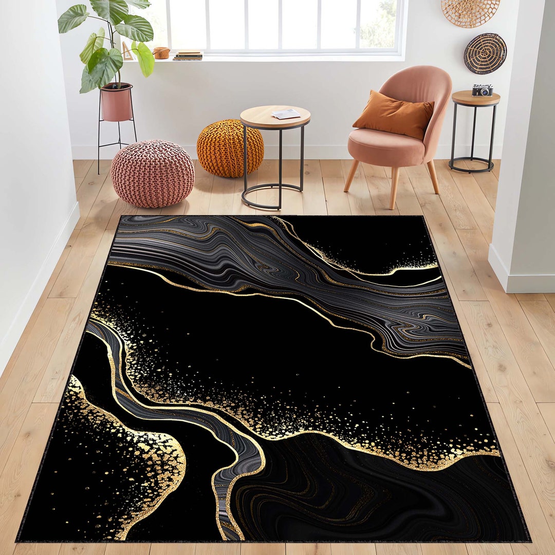 Marble Abstract, Living Room Rug, Black & Brown and Gold Marble Rug ...