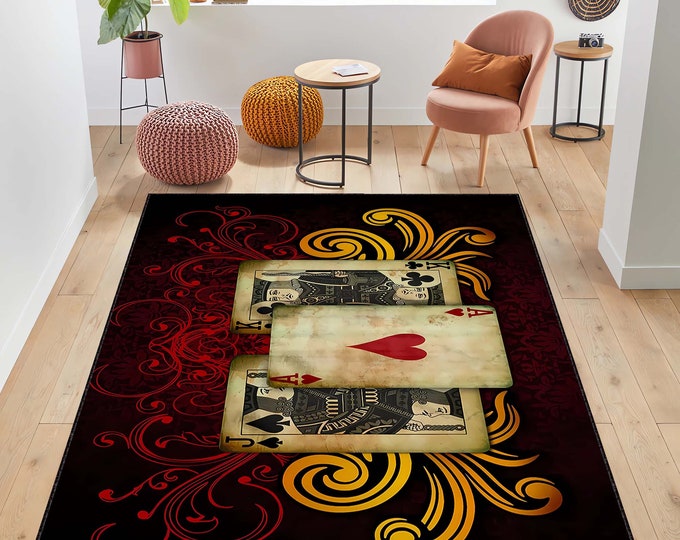 Poker Casino Rug, Red and Black Poker Chips Rug, Playing Cards Design ...