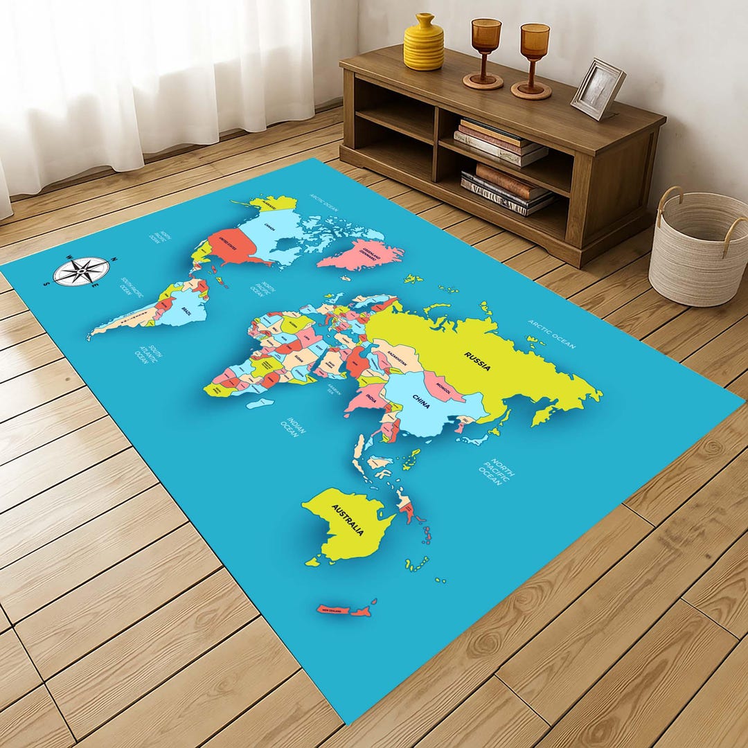 World Map Rug, Kids Room Carpet, Educational Rug, Geography Floor Mat ...