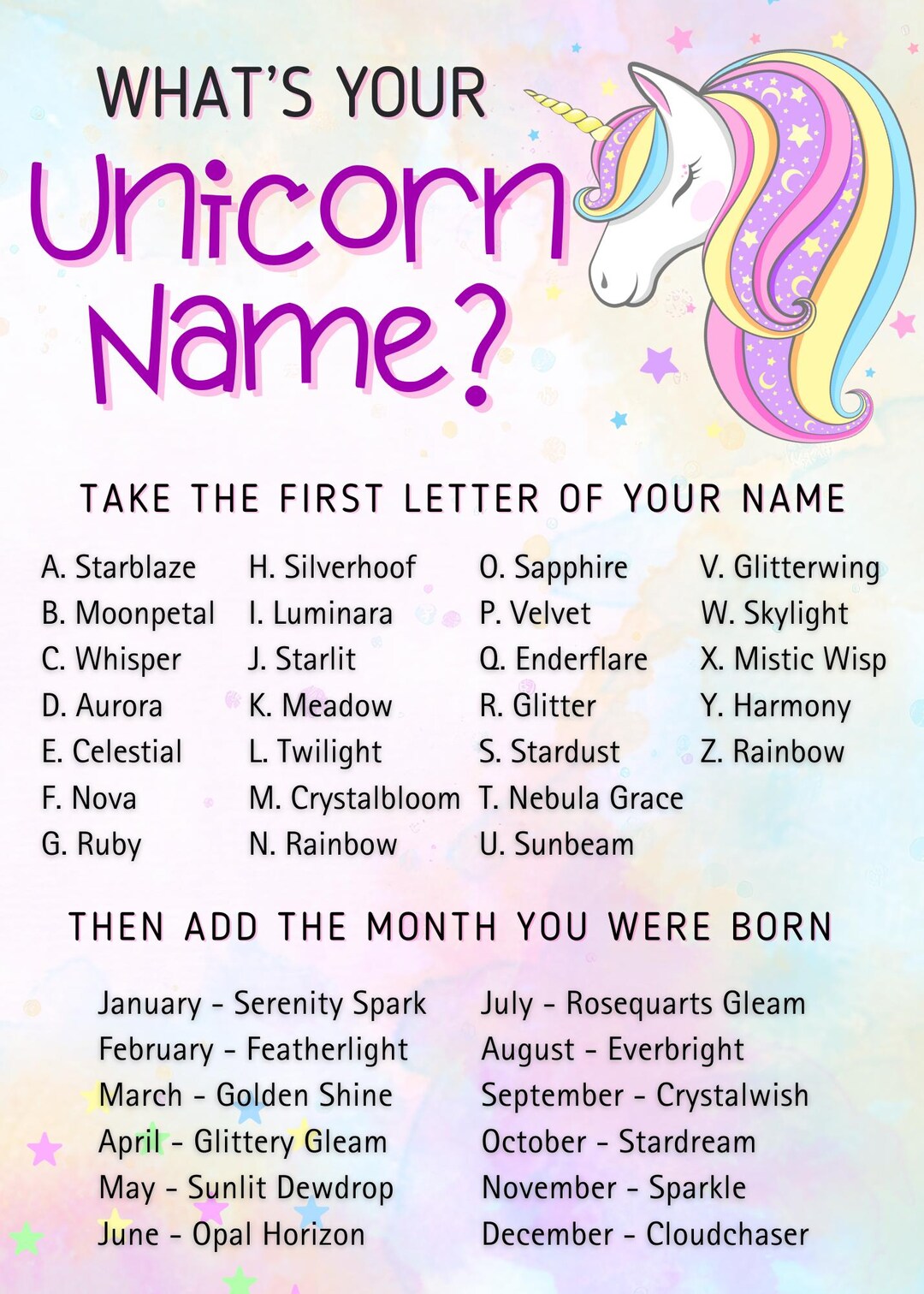 What is Your Unicorn Name? Party Game for a Unicorn Themed Party. - Etsy