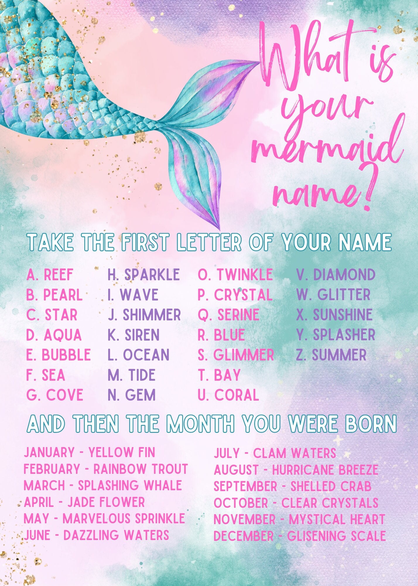 What is Your Mermaid Name? Party Game for Mermaid Themed Party. - Etsy