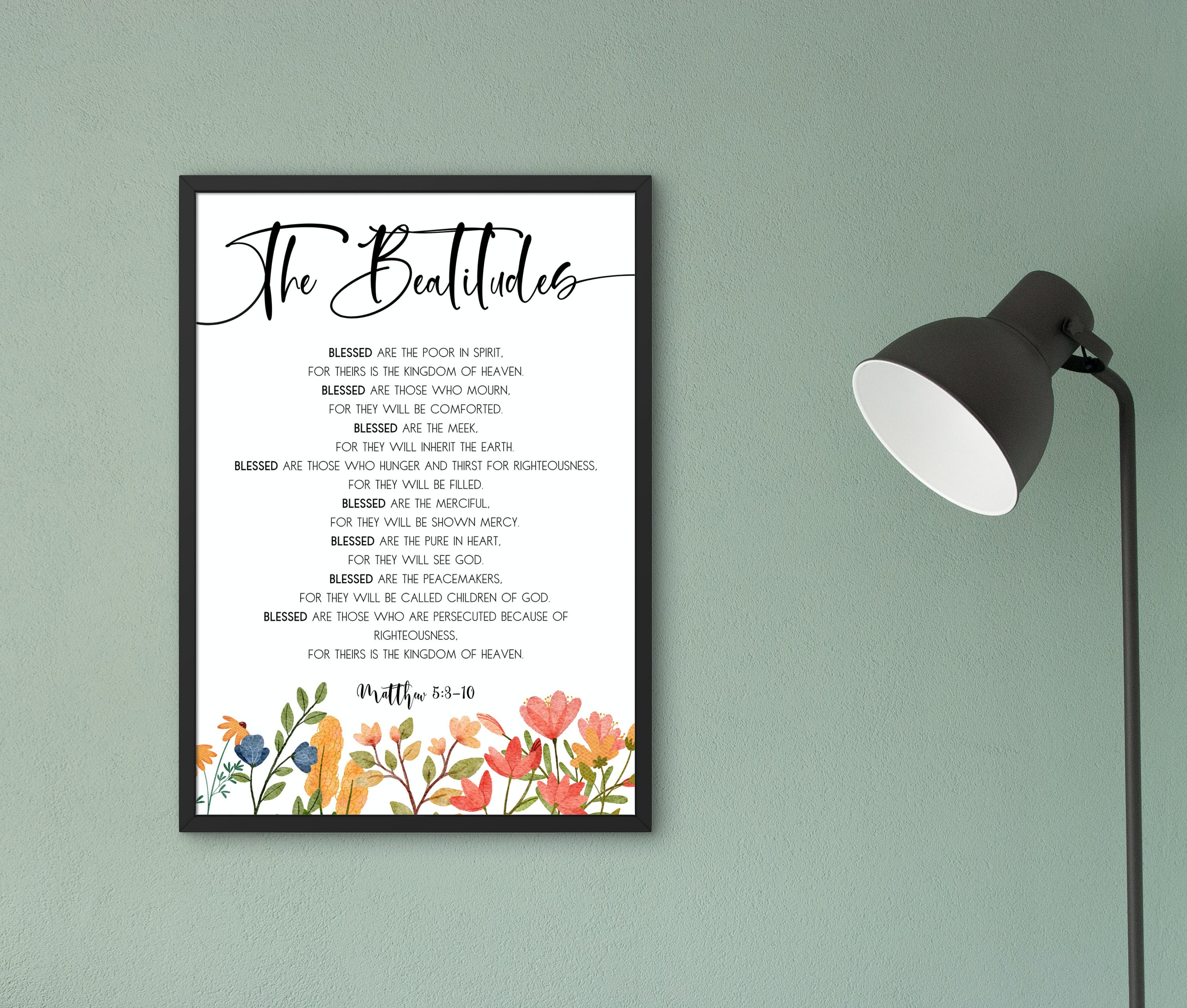 The Beatitudes Matthew 5:3-10 NIV Printable, Bible Verse Floral Wall ...