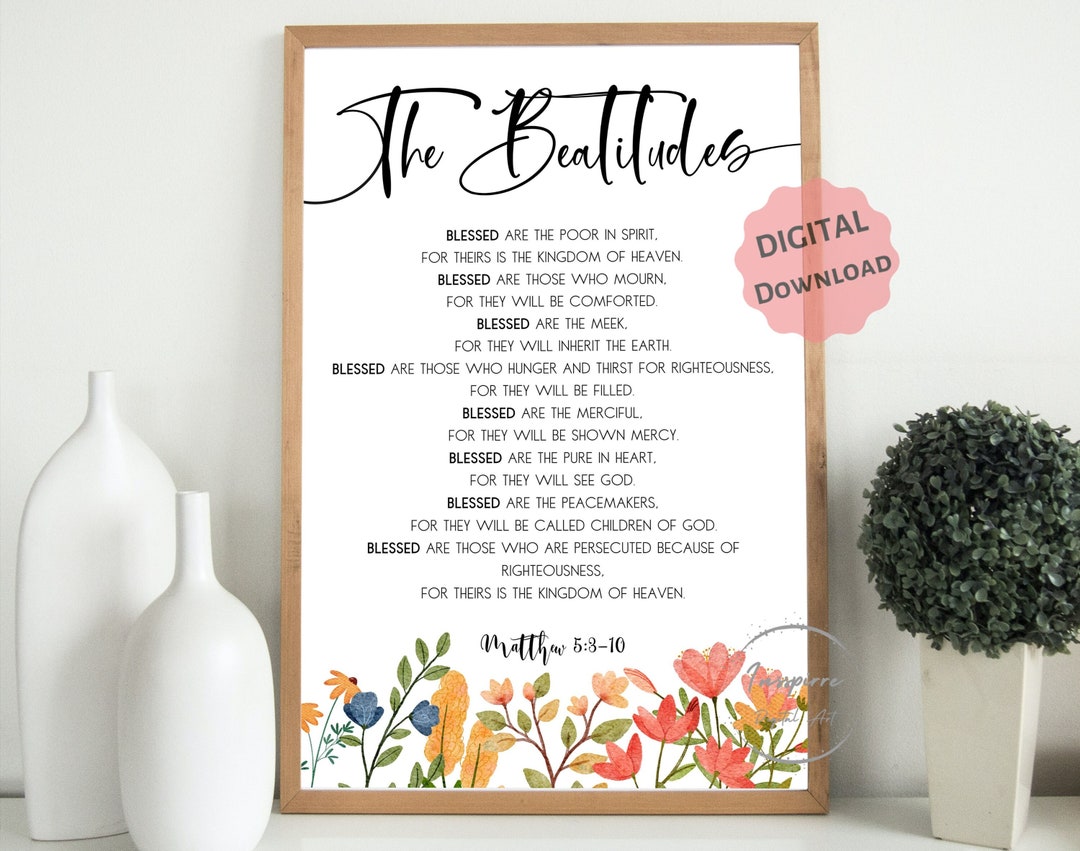 The Beatitudes Matthew 5:3-10 NIV Printable, Bible Verse Floral Wall ...