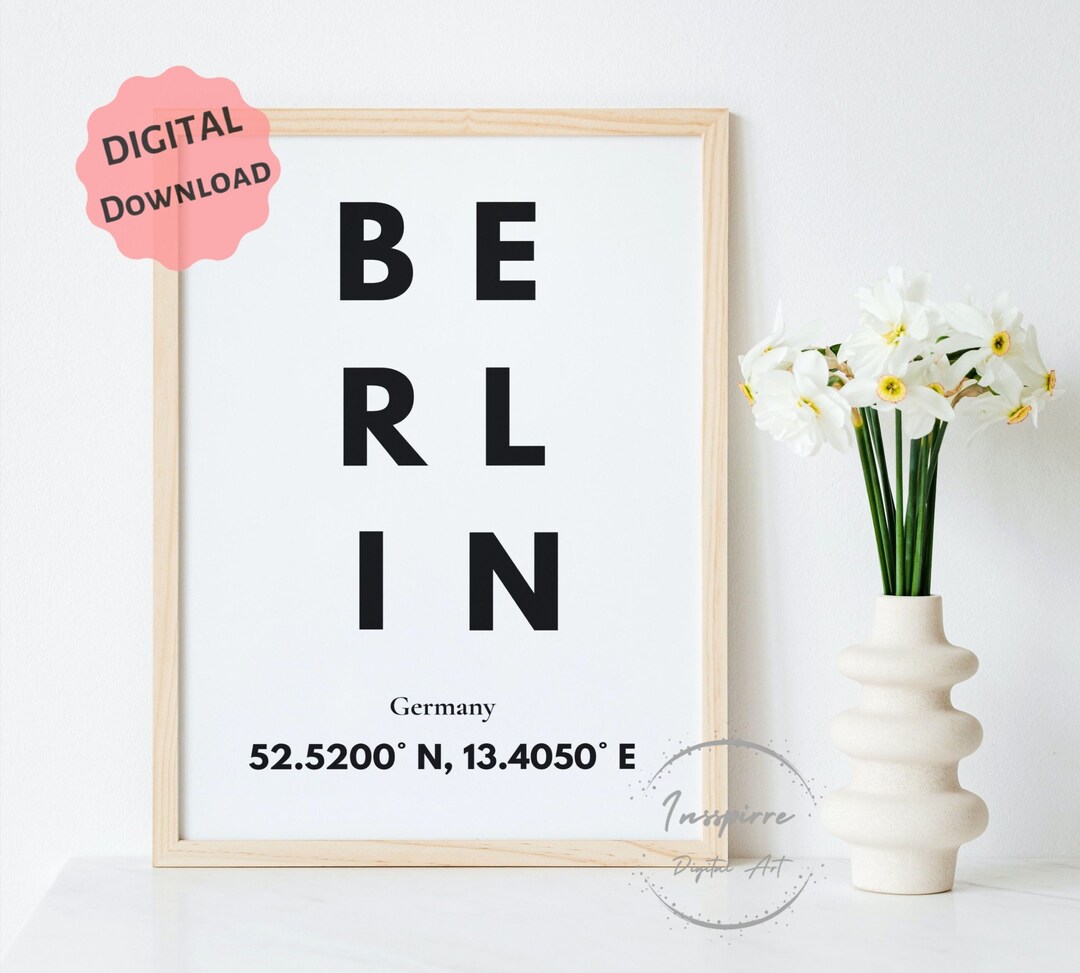 Berlin Germany Coordinates PRINTABLE, Travel Poster, Latitude Longitude ...