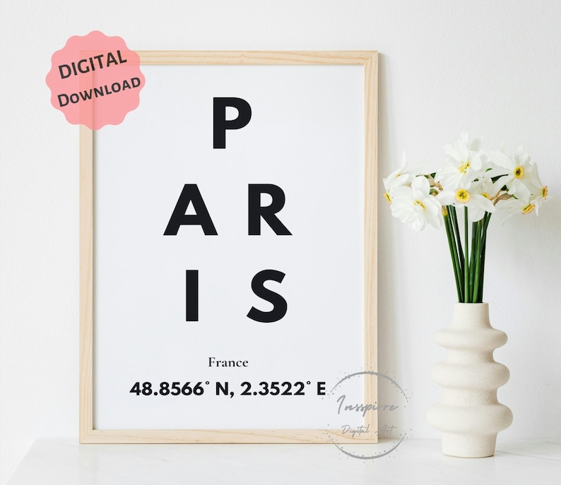 Paris France GPS Coordinates Printable, Travel Poster, Latitude ...