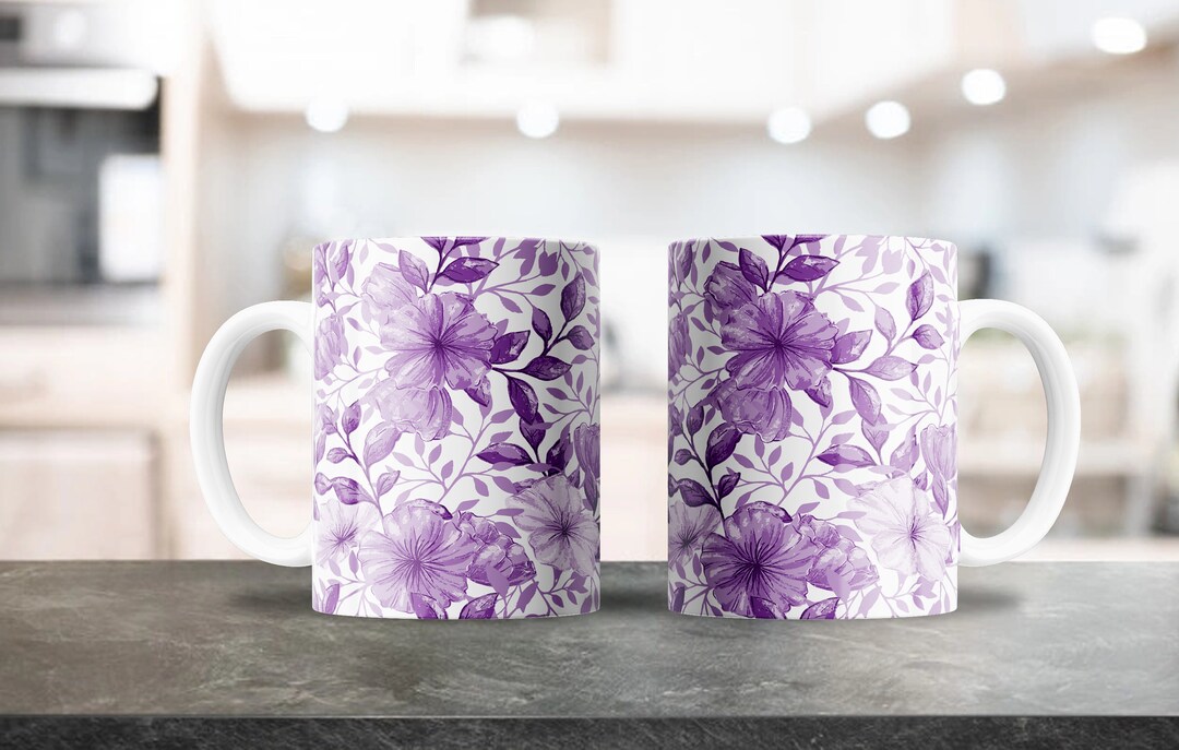 Purple Floral Mug Design, for 11 & 15oz Coffee Mugs, Diseño Para Taza ...