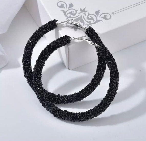 Black Diamond Rhinestone Hoop Earrings Etsy
